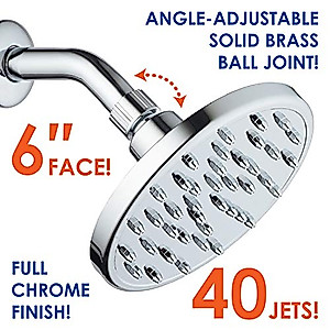 MegaRain Rainfall High Pressure 6 inch Shower Head by AquaSpa - Angle Adjustable Solid Brass Ball Joint - 40 Jets - Full Chrome Finish - Excellent Performance at High or Low Water Pressure