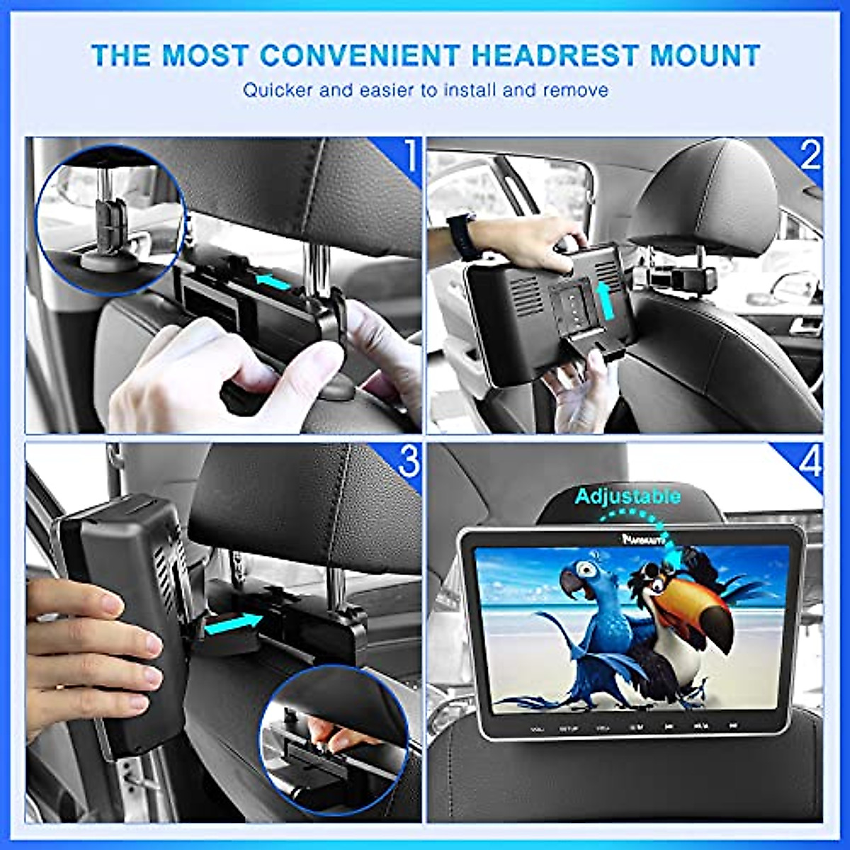 NAVISKAUTO 10.1'' DVD Player for Car with HDMI Input Wall Charger Headphone, Car DVD Player with Headrest Mount Support 1080P Video, MP4, USB/SD Card, AV in & AV Out, Region Free, Last Memory