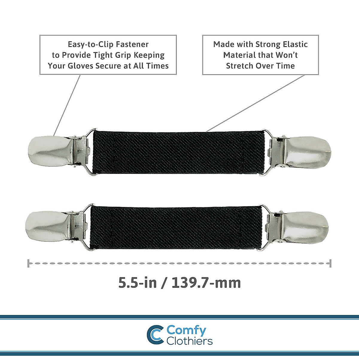 Comfy Clothiers Elastic Mitten Clips for Kids and Adults – Tight Grip Glove Clips for Use with Mittens, Winter Ski Gloves, Work Gloves (1 Pair – 2 Clips) Black