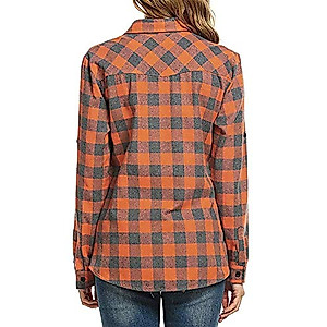 Plaid Shirts for Women Tartan Collared Button Down Boyfriend Casual Flannel Shirt Long Sleeve Shirts(Orange,XXL)