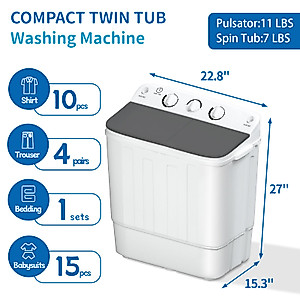 Portable Twin Tub 18lbs Washing Machine, Buy (washer) Get (Dry Rack+10 Hangers) Free! Mini Compact Laundry Lavadora Portatil, Twin Tub 11lbs Washer & 9lbs Spinner, Clothes Washing Machines