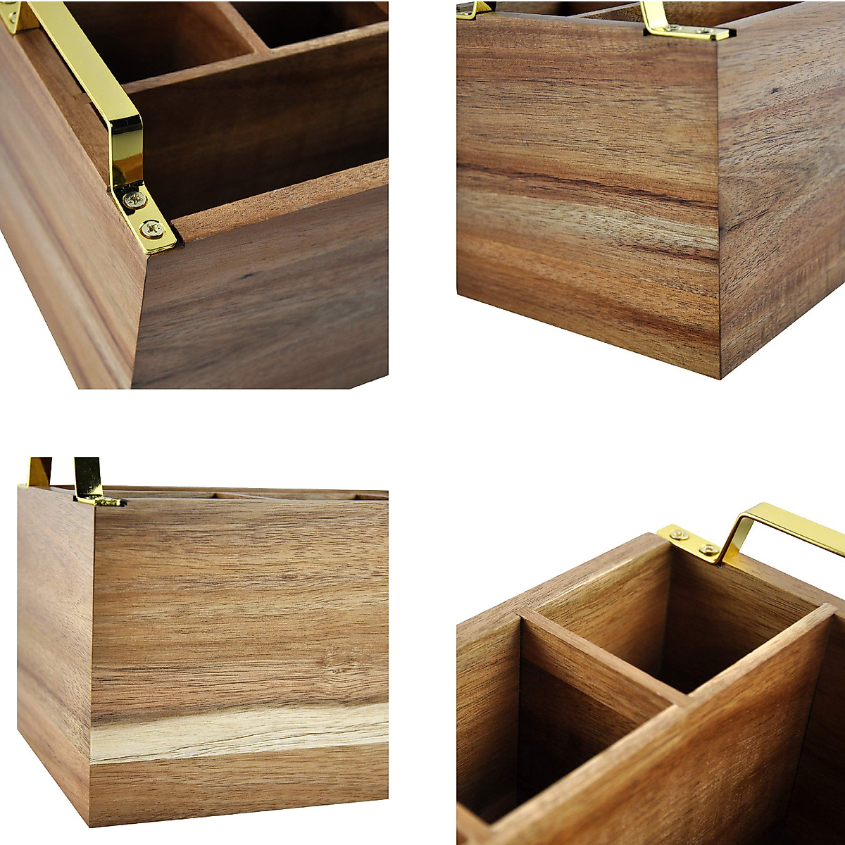 Spiretro Flatware Caddy, Cutlery Utensil Holder, Silverware Condiment Organizer for Kitchen, Dining, Entertaining, Tailgating, Picnics, 4 Compartments，Solid Torched Wood with Golden Metal Handle-Beige