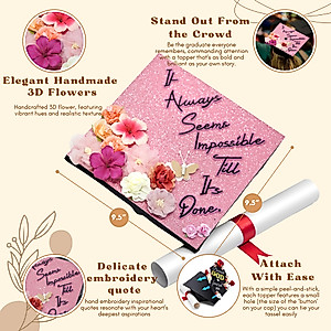 GRADWYSE Pink Glitter Graduation Cap Topper with Flowers, Graduation Cap Decorations, Class of 2024 Grad Cap Topper, It Always Seems Impossible Till It's Done