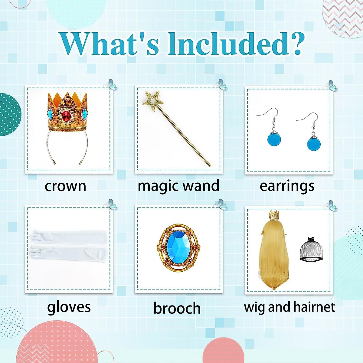 Anogol Hair Cap+ (8 Pcs Set) Princess Wig For Women Golden Long Wavy Wig Peach Cosplay Wig Anime Synthetic Wig For Halloween Party Costume Wig (1 Crown+ 1 Wand+ 2 Earrings+ 2 Gloves+ 1 Brooch)