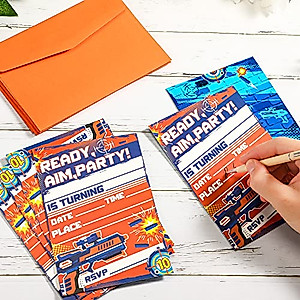 30 packs Dart War Invitations Birthday Party Supplies Blaster Nerf Gun Battle Theme Party Invitations with 30 Orange Envelopes for Boy Kids Dart War Nerf Party Decorations Supplies Favor