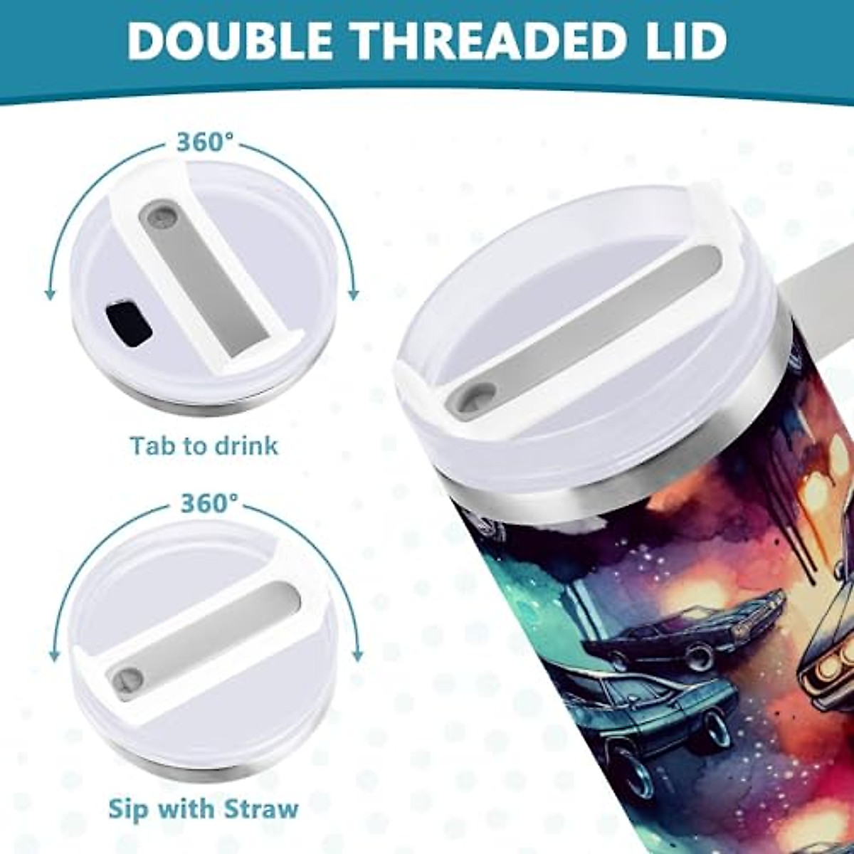 Jihqo Neon Muscle Cars 40 oz Stainless Steel Vacuum Insulated Tumbler with Handle and Straw Lid, Leakproof Water Bottle Double Wall Travel Mug Coffee Cup, Cupholder Friendly