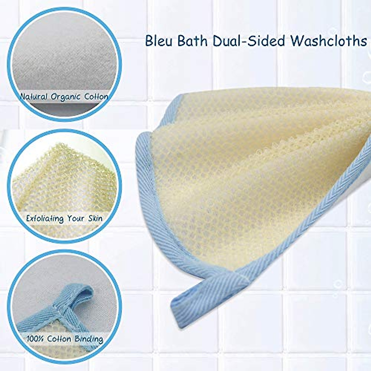 Bleu Bath (3 Pack) Dual-Sided Exfoliating Skin Towel Cotton Terry Body Cloth Scrubber Premium Sturdy Loofah Towel Soft and Buffing Wash Cloth White for Either Oil or Dry Skin