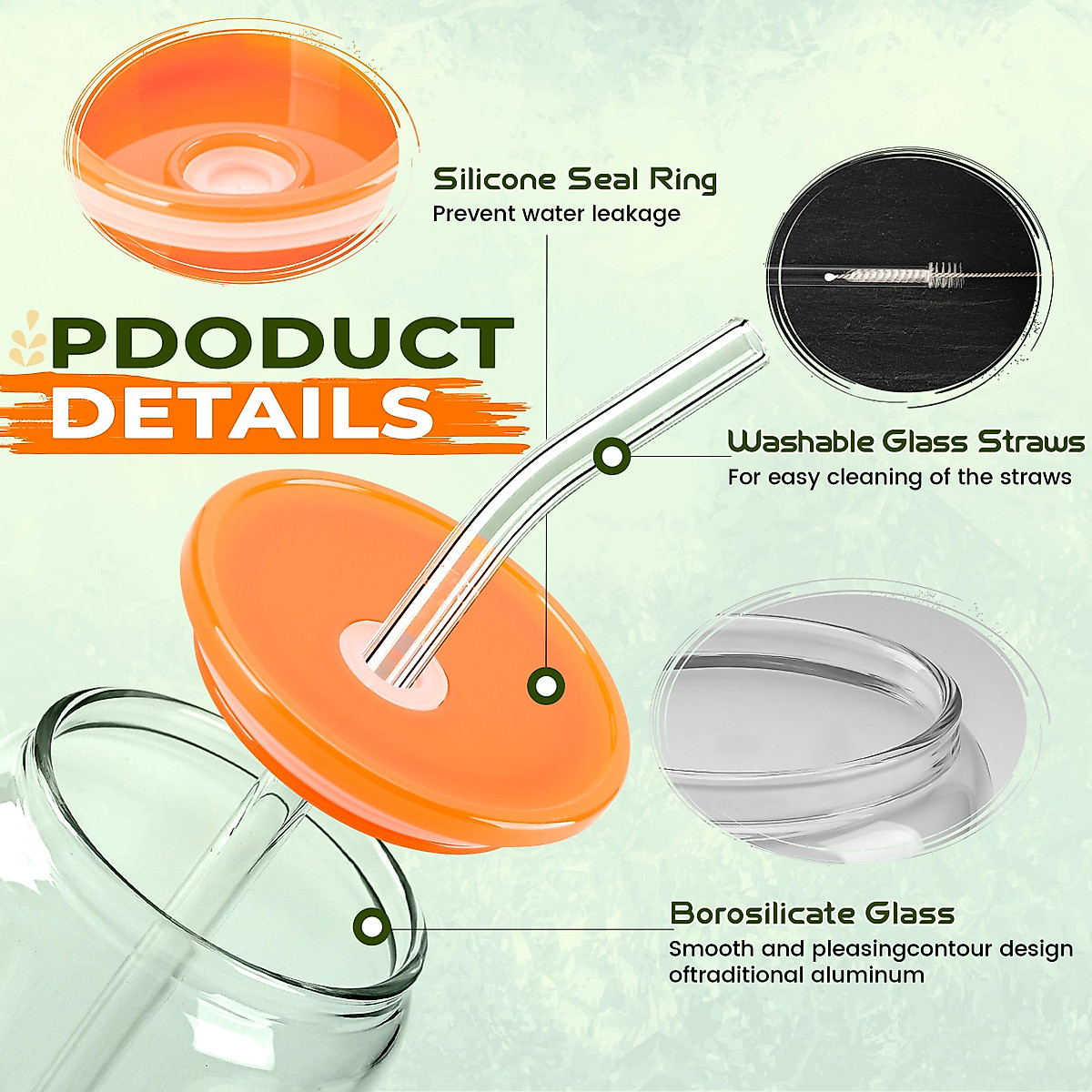 Joyclub 20 oz Glass Cups with Acrylic Lids and Straws 8pcs Can Shaped Glass Iced Coffee Cups with Lids, Drinking Jar Glasses Cute Tumbler Cup Great for Smoothie Soda Boba Tea Cocktail Beer Gift