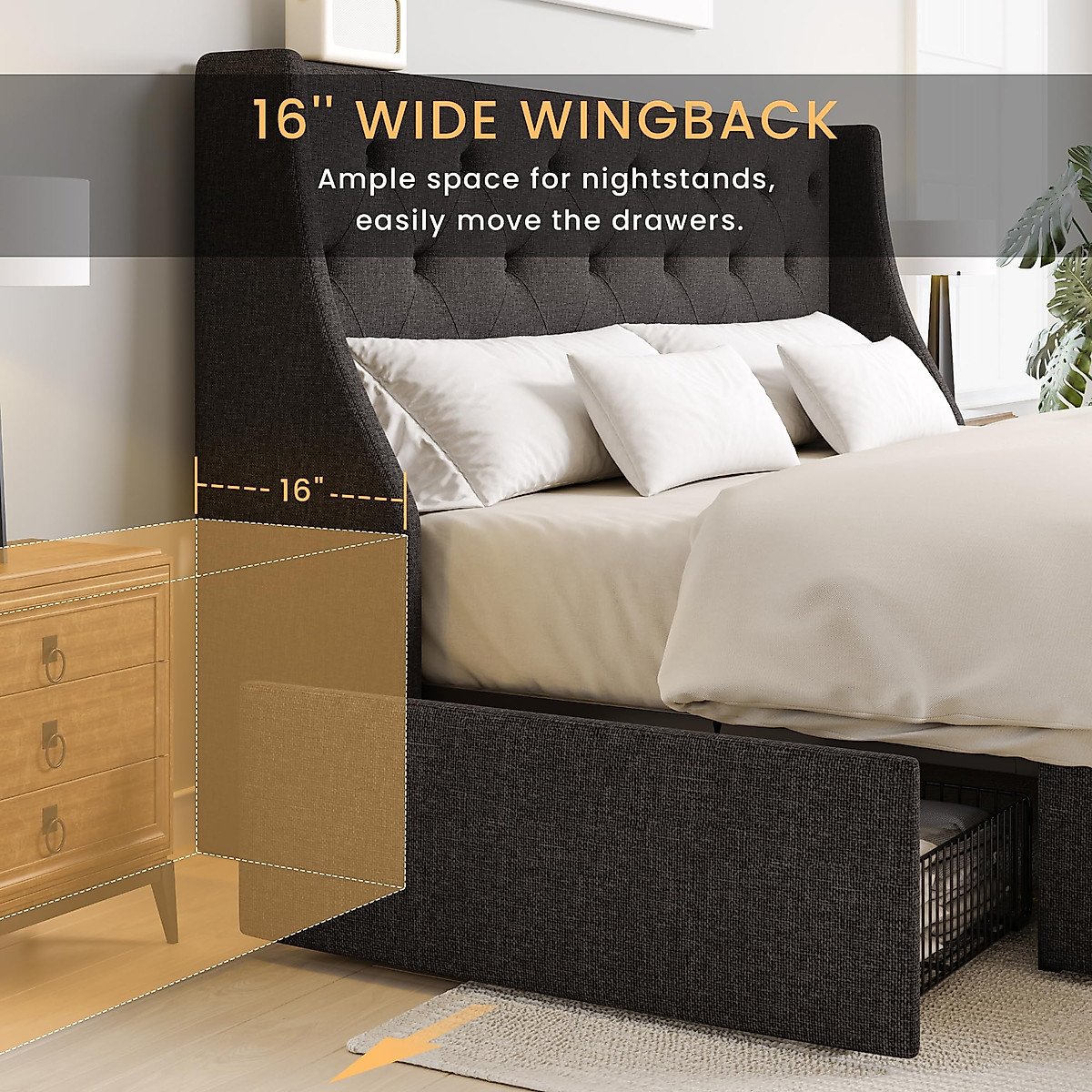 SHA CERLIN King Size Platform Bed Frame with 4 Storage Drawers and Wingback Headboard, Diamond Stitched Button Tufted Design, No Box Spring Needed, Dark Grey