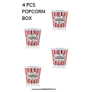 ONONEXPRESS Modern Style Reusable Plastic Popcorn Box/Popcorn Containers/Popcorn Bowls Set for Movie Theater Night - (BPA Free - Red/White 4 Pack-75 oz)