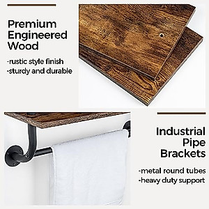 FLYJOE 2 Tier Bathroom Shelves with Towel Bar, Rustic Wall Mounted Industrial Pipe Shelving, Floating Shelves for Wall Decor & Storage for Bathroom Kitchen Living Room 23.6 x 16 Inch - Rustic Brown