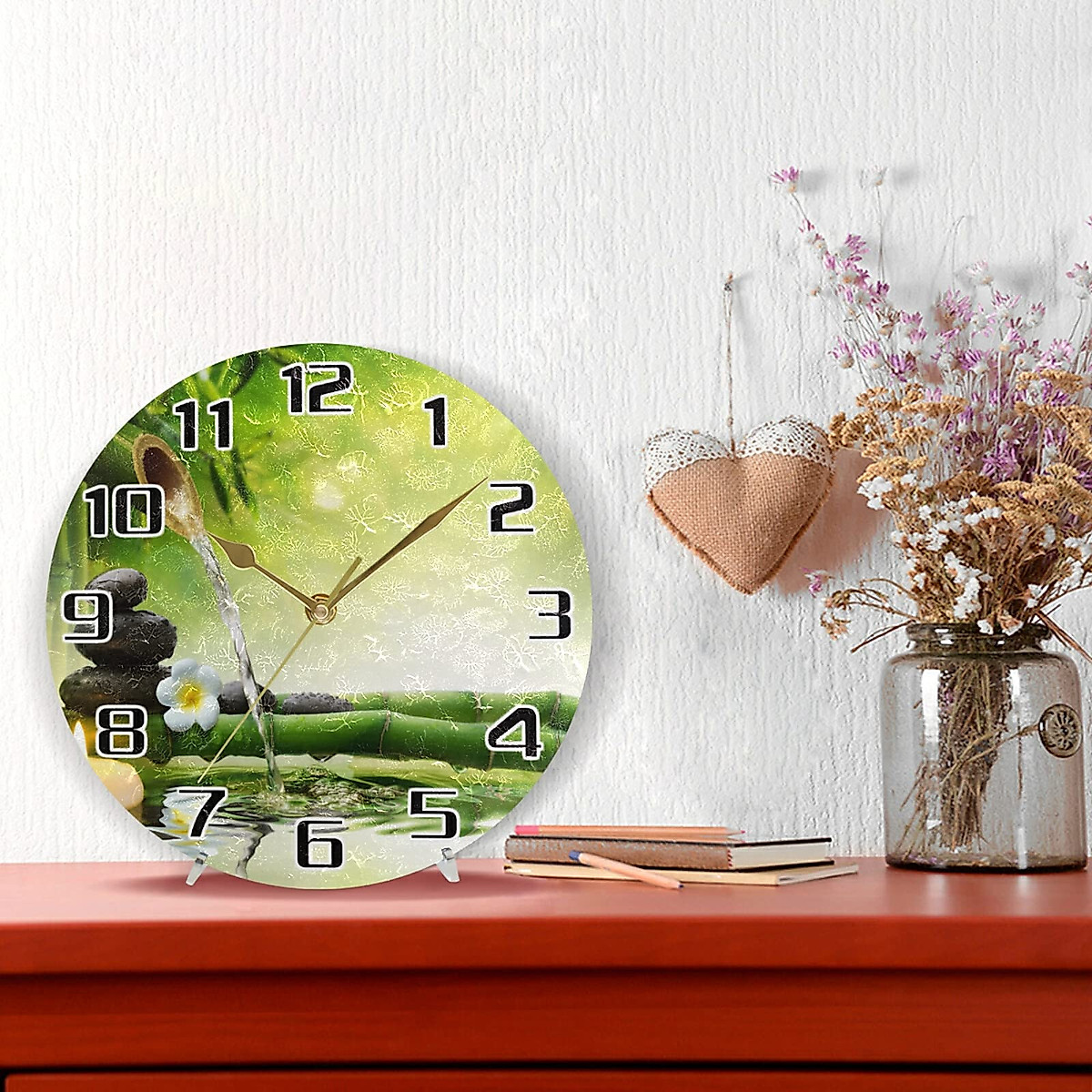 TropicalLife Flower Japanese Zen Wall Clock, Garden Stone Bamboo Silent Non Ticking Round Clock for Home Kitchen Bedroom Desktop Stand Bathroom Living Room Decor Office Classroom Clock Art 9.5 Inch