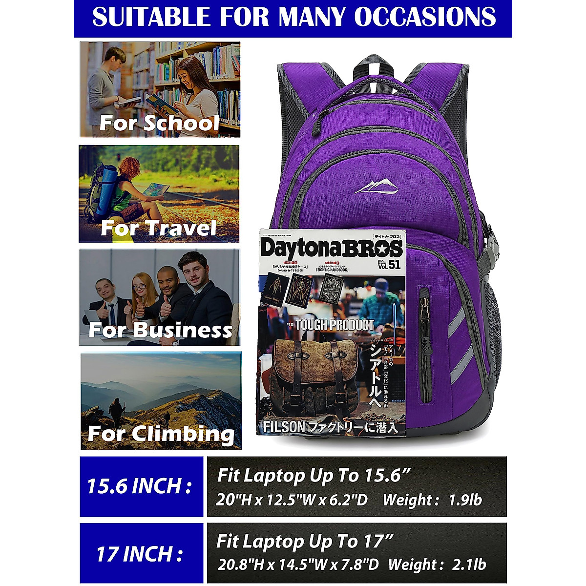 Backpack Bookbag for School College Laptop Travel Student ,Fit Laptop Up to 15.6 inch with USB Charging Port Multi Compartment Anti theft, Gift for Women Men (Purple)