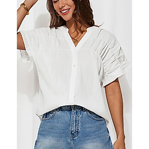 Womens Summer White Top 2025 Fashion V Neck Short Ruffle Sleeve Pleated Blouse Button Down Shirt Ivory 2XL