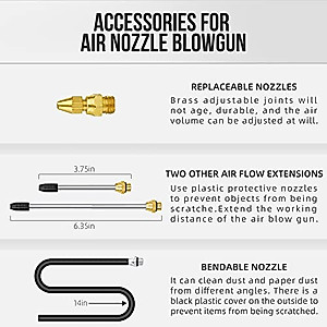 Industrial Air Blow Gun, with Brass Adjustable Air Nozzle and 3 Air Flow Extension, and 6 Sealing Rings, Pneumatic Tools Air Compressor Accessories Dust Clean Tool Air Blower Gun Air Nozzle Blow Gun