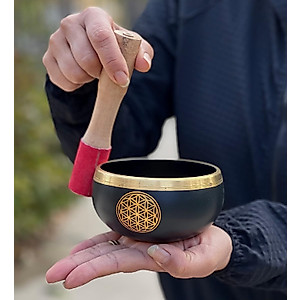 Tibetan Flower Of Life Singing Bowl Mallet Cushion Set ~ For Meditation, Yoga, Spiritual Healing and Mindfulness ~ Medium (Black)