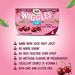 Dole Wiggles No Sugar Added Cherry Fruit Juice Gel Snacks, 4.3oz 24 Total Cups, Gluten & Dairy Free, Bulk Lunch Snacks for Kids & Adults