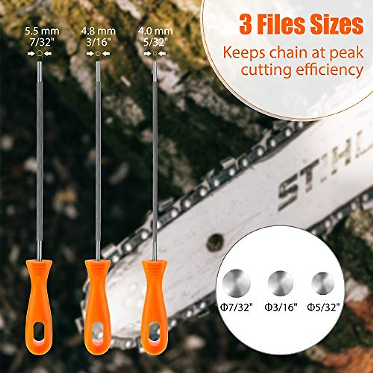 Chainsaw Chain Sharpening File Chainsaw Sharpener File Round Sharpening File Steel Chainsaw File with Plastic Handle for Chainsaw (3, 5/32, 7/32, 3/16 inch)