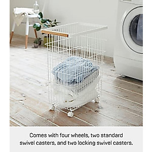 Yamazaki Home Wire Slim Saving Rolling Wheeled Clothing Hamper | Steel + Wood | Laundry Basket, One Size, White