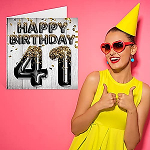 41st Birthday Card for Men - Black & Gold Glitter Balloons - Happy Birthday Cards for 41 Year Old Man Dad Cousin Friend Brother Uncle, 5.7 x 5.7 Inch Forty-One Forty-First Bday Greeting Cards Gift
