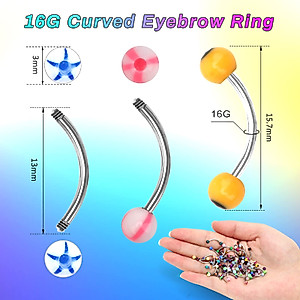 CrazyPiercing Colorful Acrylic Ball Stainless Steel Curved Bar Eyebrow Rings Tragus Piercing, 50Pcs, 16G (Stainless Steel Bar)