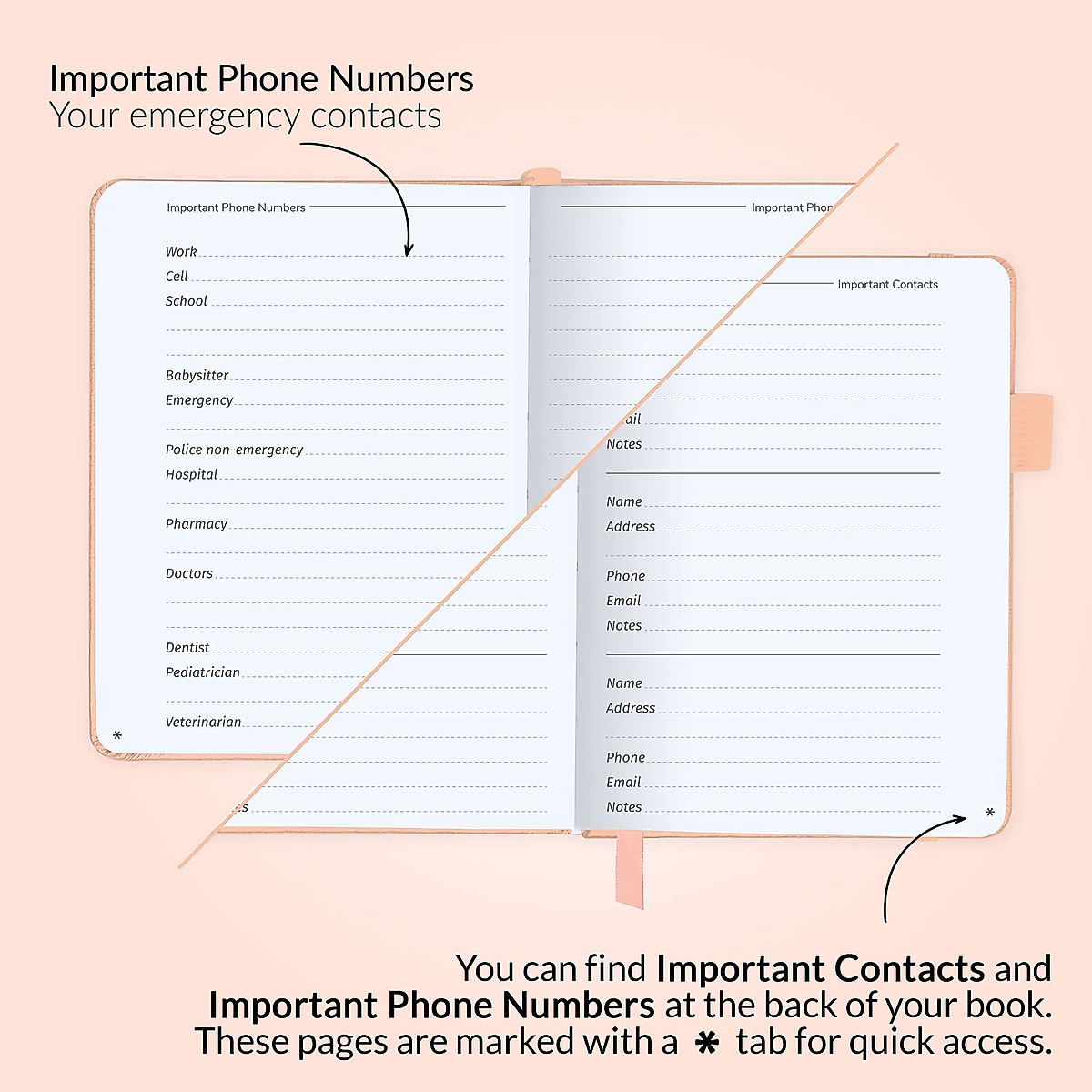 GoGirl Address Book – Telephone and Address Book with Alphabetic Tabs for Safely Storing Contacts, Small-Sized (4.0″ x 5.5″) PU Leather Hardcover – Peach Pink