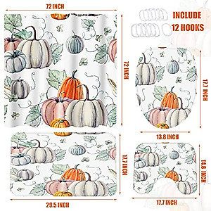 WILLBOND 4 Pcs Fall Shower Curtain Sets with Rugs Thanksgiving Watercolor Pumpkin Set Non Slip Toilet Lid Cover and Bath Mat 72 x Inches Hooks for Bathroom