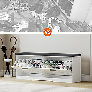 Homleke Shoe Storage Bench with 2 Flip Drawers, Entryway Bench with Padded Seat Cushion, Shoe Cabinet with 2 Barn Doors, 11.8" D x 47.2" W x 18.4" H, for Entryway, Living Room, Bedroom, White