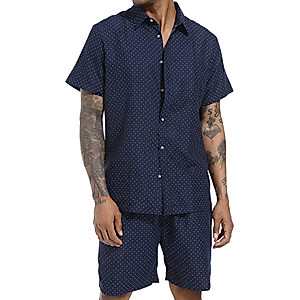 PASOK Men's Floral 2 Piece Tracksuit Casual Button Down Short Sleeve Hawaiian Shirt and Shorts Suit (2XL, DC10)