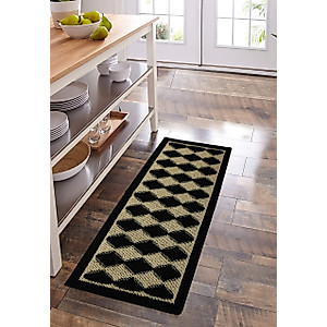 Marina Decoration Decor Luxury Non-Slip Rubber Backing Safety Ultra Water Absorbent Soft Woven Fluffy Runner Area Carpet Floor Mat Indoor Kitchen Rug, Black Pumice Geometric Design 2 Pieces Set
