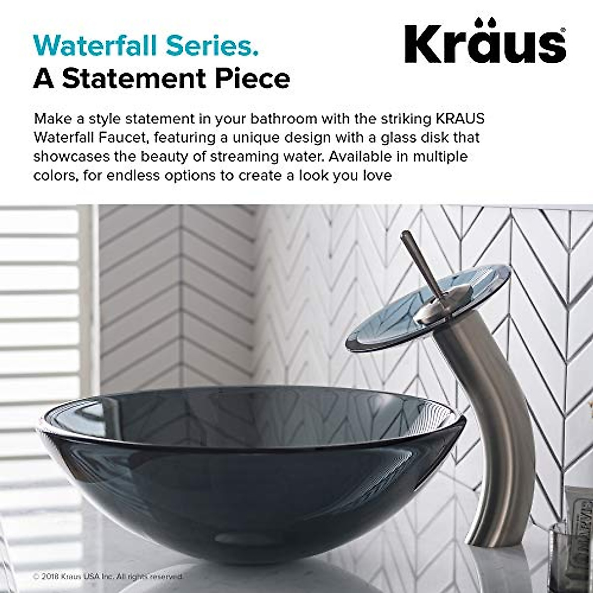 Single Lever Vessel Glass Waterfall Bathroom Faucet Satin Nickel with Black Clear Glass Disk and Matching Pop Up Drain