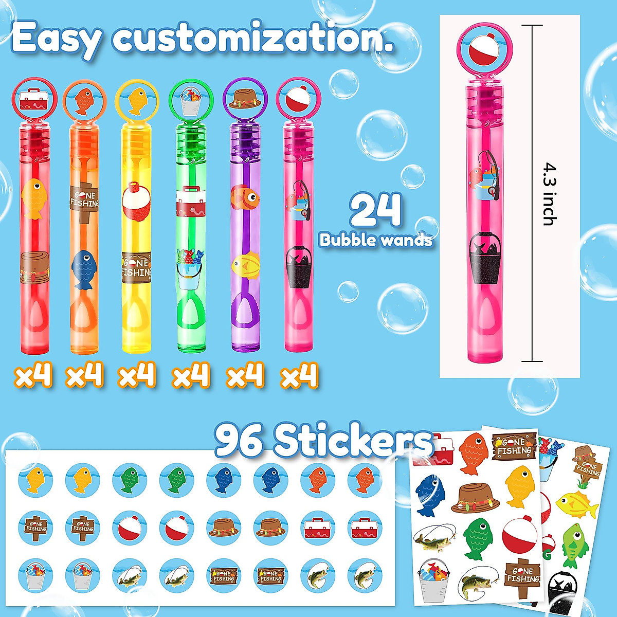 24PCS Gone Fishing DIY Bubble Wands Party Favors 96PCS Stickers for Goodie Bag Fillers Pinata Stuffers, Mini Bubble Bulk Birthday Party Supplies Toys Gifts Class Prizes for Toddlers Boys Girls