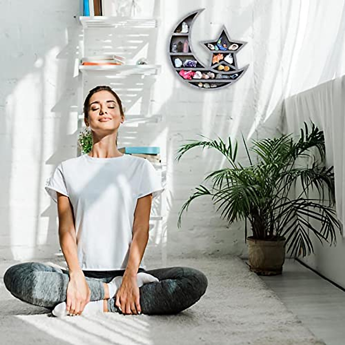 Wooden Crystal Display Shelf, Star On The Moon Shape Crystal Holder for Crystals Stones, Essential Oils Small Plant and Art, Hanging Floating Shelves Gothic Witchy Decor Wall Décor for Home, Office