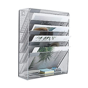 EasyPAG 5 Slot Wall Hanging File Organizer Vertical Office Desk /Wall Mounted File Holder Paper Organizer with Bottom Flat Tray,Black,Silver
