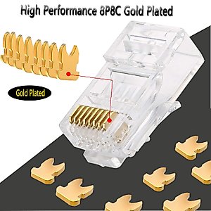 RJ45 23AWG Cat6a Cat6 Connector Gold Plated 8P8C Pass Through Ends UTP Network Plug for Unshielded Twisted Pair Solid Wire & Standard Cables | Transparent Passthrough Ethernet Connector (100Packs)
