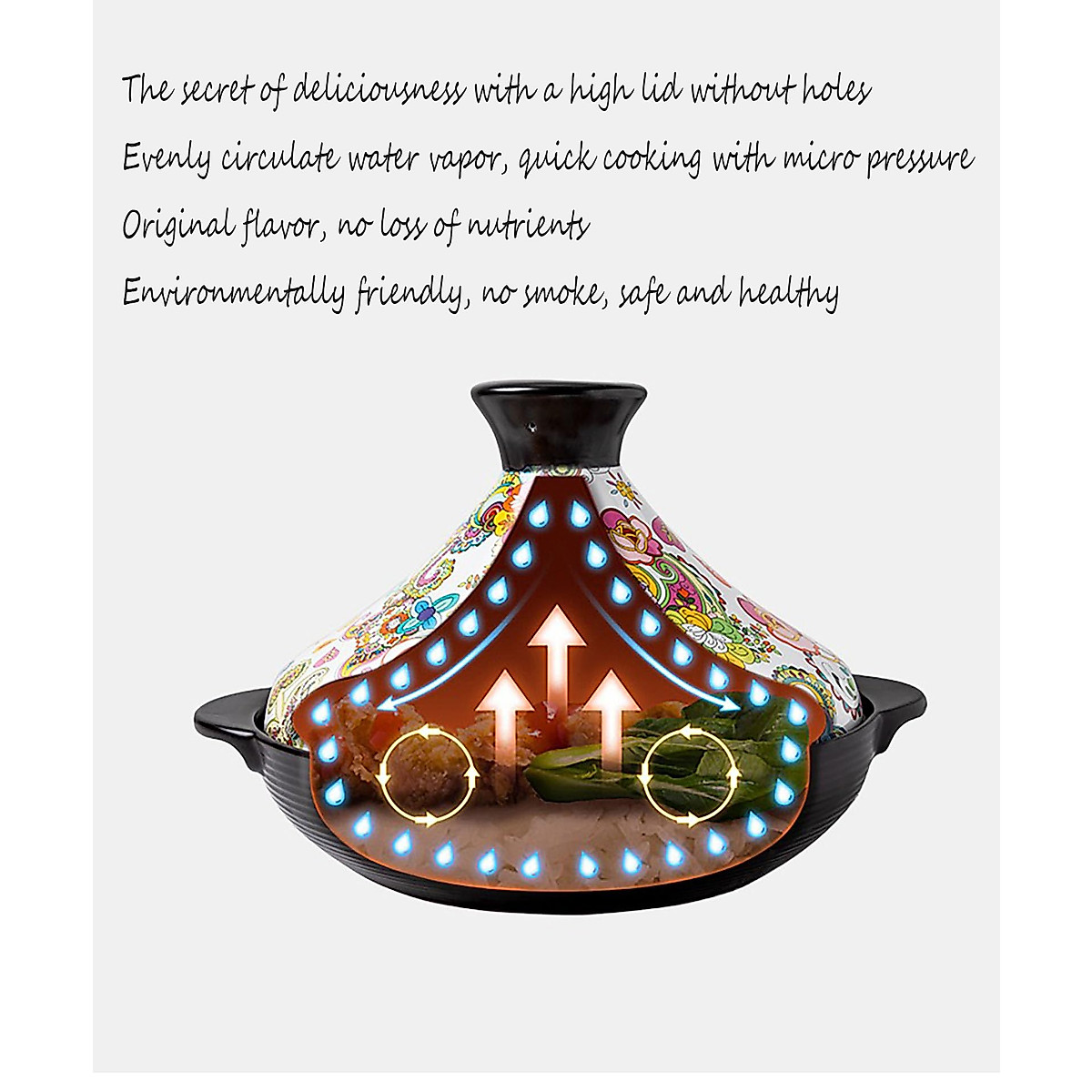 Handmade Clay Stoneware Tajine Flower Pattern Moroccan Tagine Pot Enameled Cast Iron Casserole Non Stick Saucepan Exotic Stew Pot with Lid for Cooking and Stew Casserole Slow Cooker