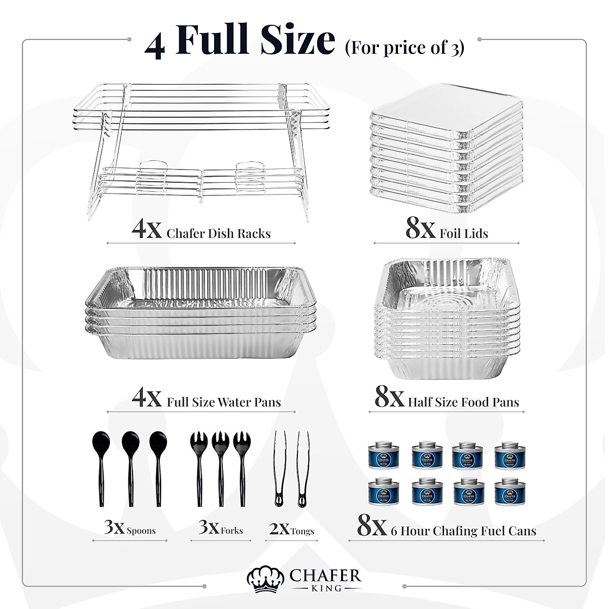 4 Full Size (For Price of 3) Disposable Buffet set with Spoons and Forks, Non-Stick Aluminum, Premium Chafing Dish Set for Events, Parties, Catering