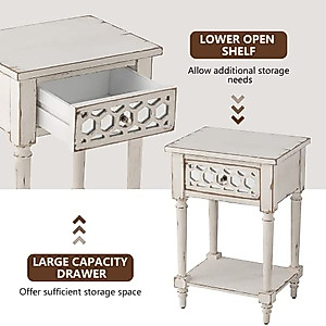 COSIEST End Table Sets of 2, Small Vintage Nightstand, Farmhouse Accent Table, Wood Grain Bedside Table with Mirrored Drawer and Open Display Shelf for Bedroom, Living Room, White