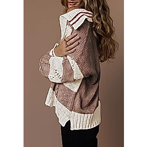 Women's 2023 Fall Casual Oversized Pullover Sweaters Lapel Collar V Neck Long Sleeve Cable Knit Striped Jumper Top Brown L