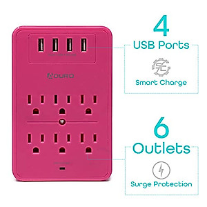 Aduro Surge Protector 6 Outlets Power Strip Station with USB (4 Ports 4.8A) Wall Mount Multiple Outlet Splitter Extender Adapter with Phone Shelf Stand ETL Listed, Pink