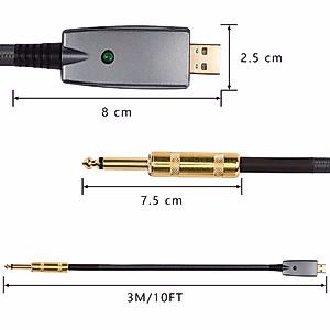 SinLoon USB Guitar Cable,10FT USB 2.0 Interface Male to 6.35mm (1/4inch) TS Mono Electric Guitar Converter Cable, Nylon Braid Recording Cable, for Instruments Recording Singing (USB to 6.35 Gold)