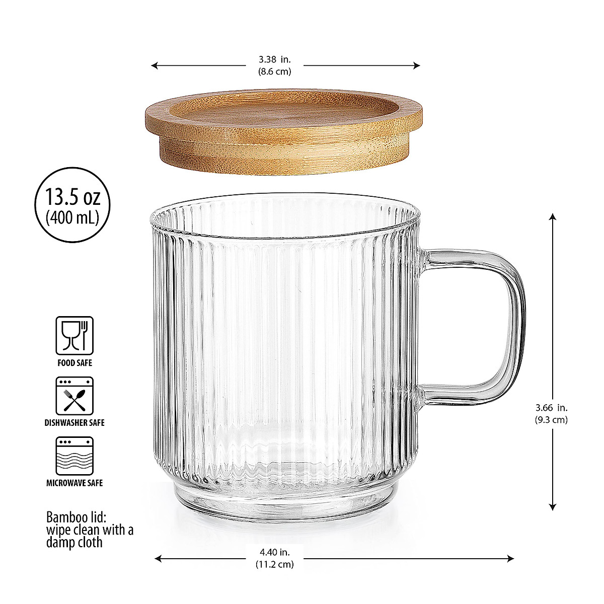 Glaver's Coffee Mug with Lid Borosillcate Glass Set of 2, 12 oz Ribbed Tea Cup With Bamboo Lid and or Coaster 2in1. For Espresso, Mocha, Cappuccino.