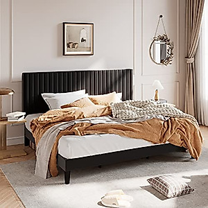 SHA CERLIN King Upholstered Platform Bed Frame with Adjustable Headboard/Vertical Channel Tufted Velvet Fabric/Wooden Slats Support/Mattress Foundation/Box Spring Optional/Black