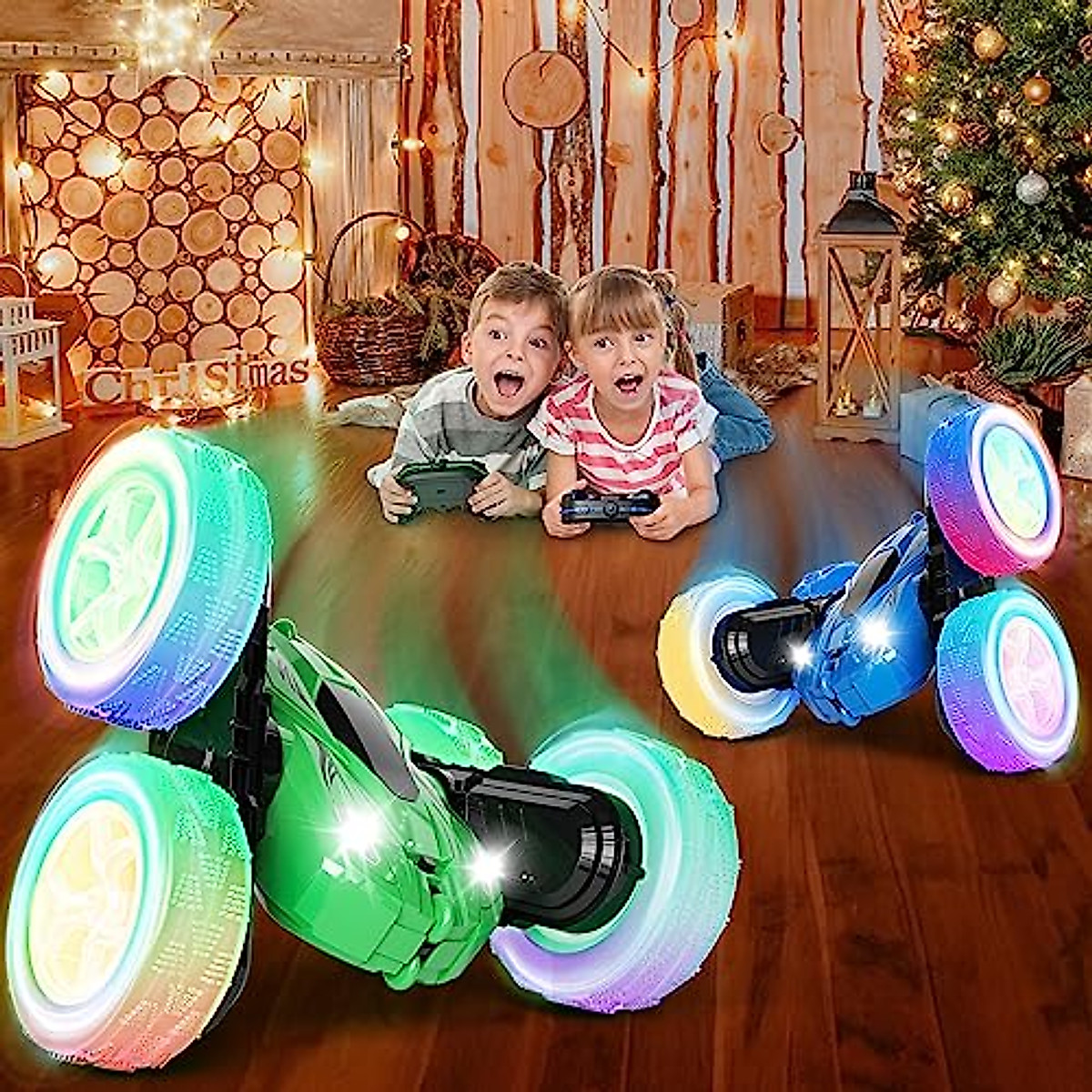 28℃ Remote Control Car, RC Cars Stunt Car Toy, 4WD 2.4Ghz Double Sided 360° Rotating RC Stunt Car with Headlights Wheel Lights, RC Cars Toys Gift for Kids Boys Girls on Birthday Christmas (Green)