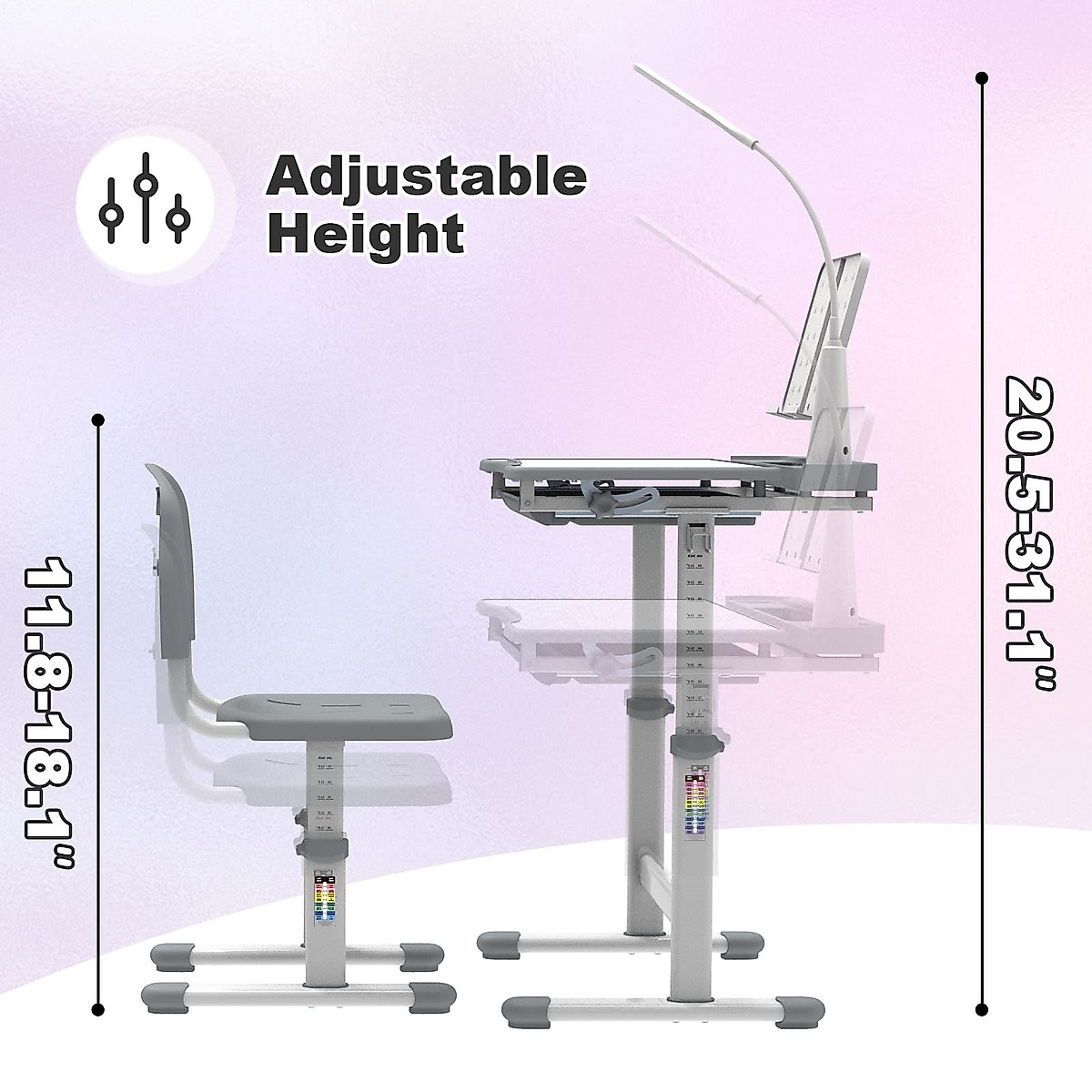 YBLFDY Kids Desk Multi Functional Kids Study Desk with 40 Degree Tilt-able Desktop Height Adjustable Kids School Desk for Kids,Children Desk Set as Christmas, Bithday Gift, Grey