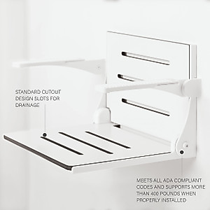 Seachrome Silhouette Comfort Folding Wall Mount Shower Bench Seat with Arms, White Seat with White Frame