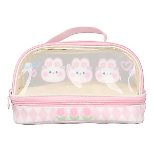 Mokernali Cute Rabbit Pen Bag, Rabbit Pattern Double Layer Pen Bag, Waterproof Transparent Kawaii Pencil Case Pink Cosmetic Bag with Handle