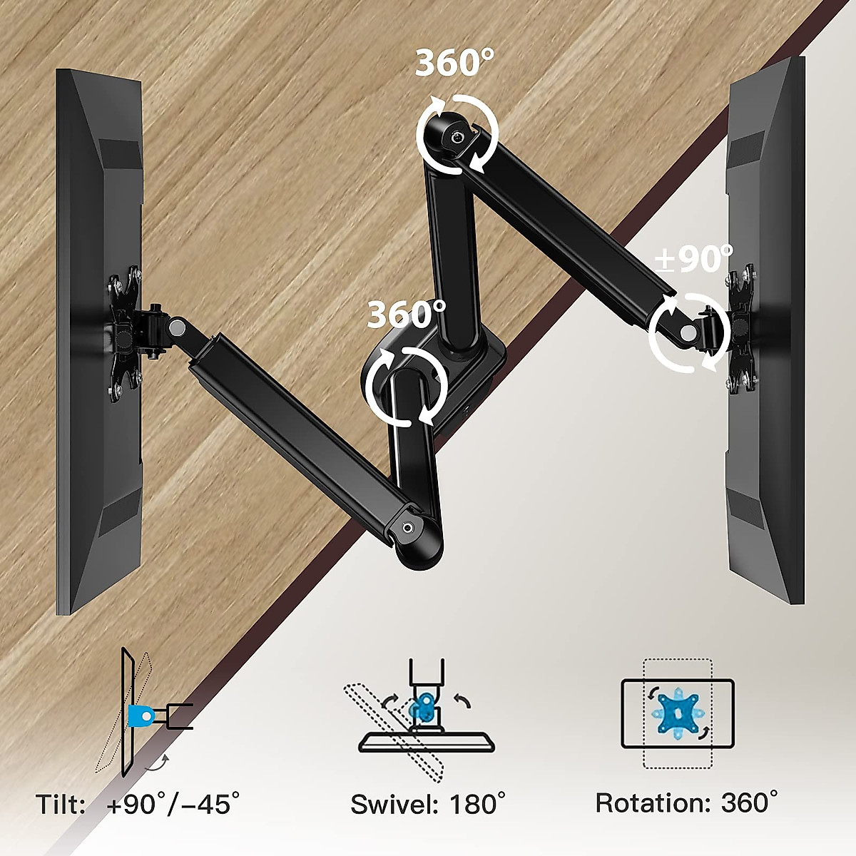 HUANUO Dual Monitor Arm for 13 to 27 inch, Gas Spring Monitor Stands for 2 Monitors Vesa Mount with Clamp/Grommet Base, Computer Dual Monitor Desk Mount for up to 17.6 lbs per Arm