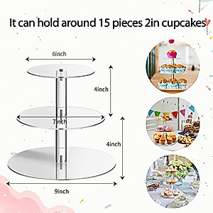 3 PCS Acrylic Cupcake Stand 2 Set of 3 Tier Clear Cupcake Stand Dessert Tower and 1 Tier Round Cake Stand Holder Bakery Display Serving Tray for Wedding Baby Shower Party Decor