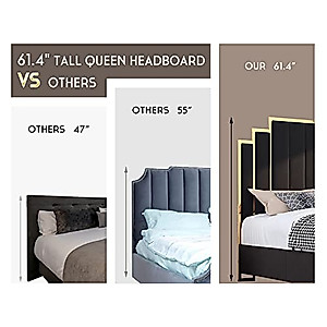 HOWE Queen Size Bed Frame and 61" Headboard, Upholstered Bed with Golden Plating Trim, Modern Platform Bed No Box Spring Needed, Black